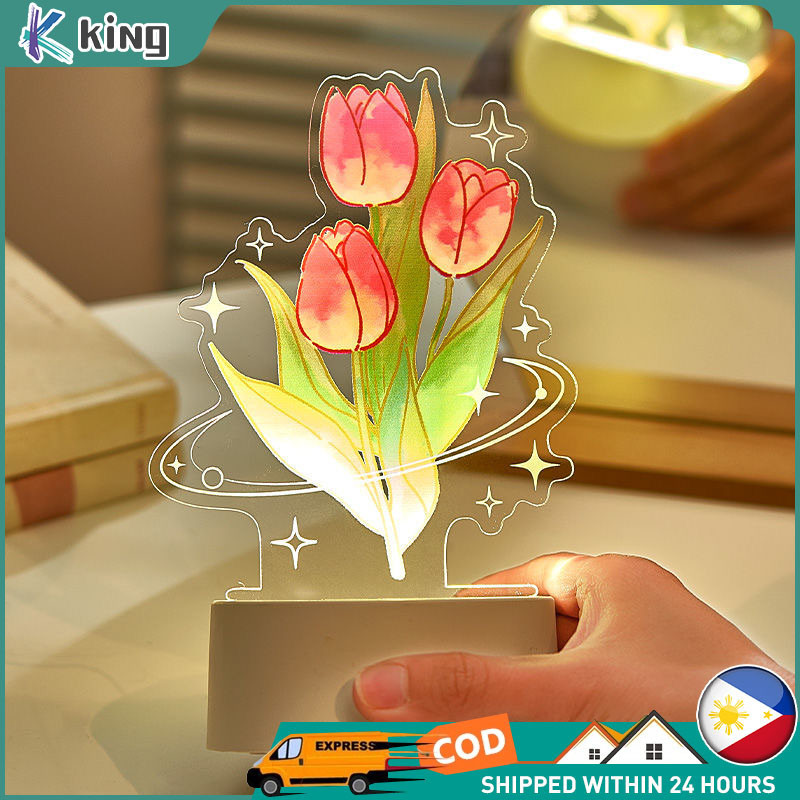 3D Tulip Acrylic Lamp 3D Rose Night Lamp Bedroom Desk Lamp Gift For ...