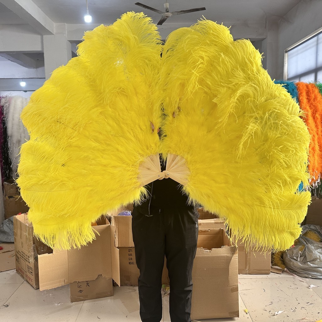 Yellow Large Ostrich Feather Fans Fluffy Performance Dance Folding Hand ...