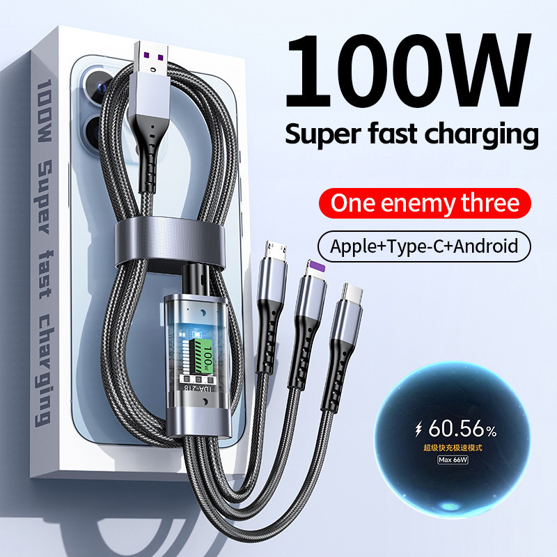 3 In 1 Fast Charging Cord - 100W Phone Data Line - Clear Braided Cable ...