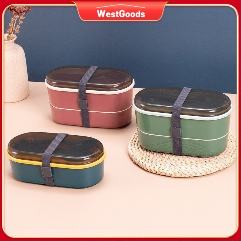 WG Double-Layer Lunch Box Kids w/ Spoon & Fork Set Food Container ...
