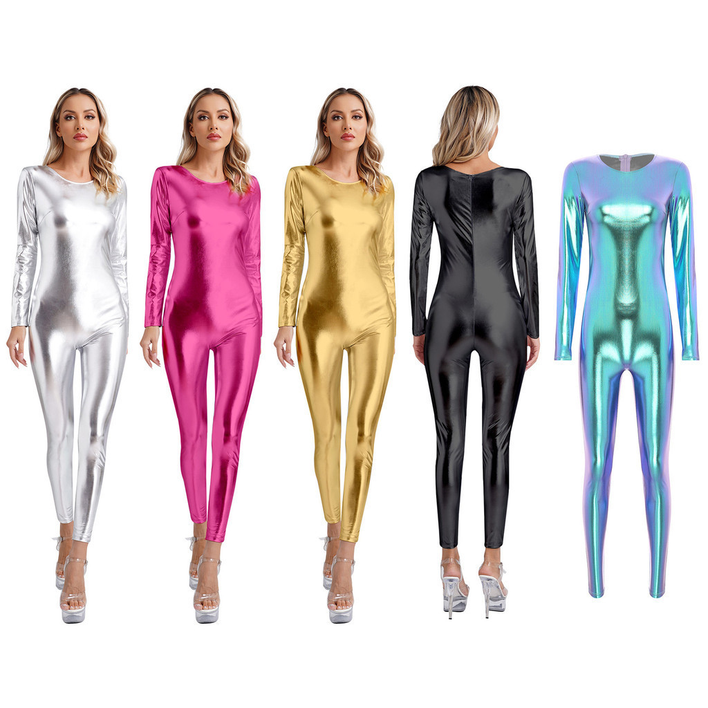 Yeahdor Women Shiny Metallic Tank Unitards Full Body One Piece Long ...