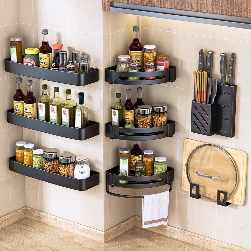 Kitchen Storage Rack Punch-Free Seasoning Seasoning Rack Wall-Mounted ...