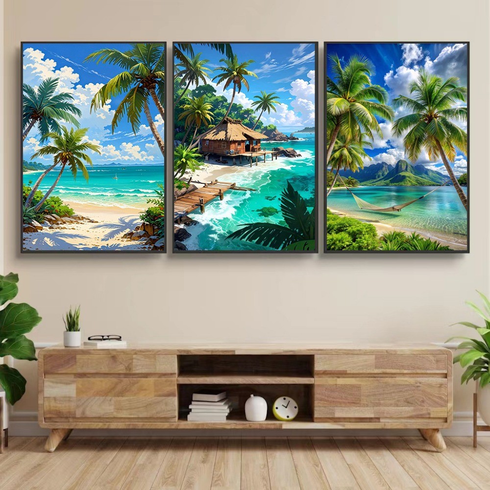 A Set Coconut Trees and Beach Pattern Diamond Painting Kit, DIY 5D ...