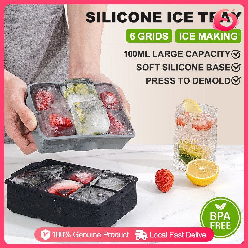 6-Grid Jumbo Silicone Ice Cube Tray - Food Grade Square Mold for Giant ...