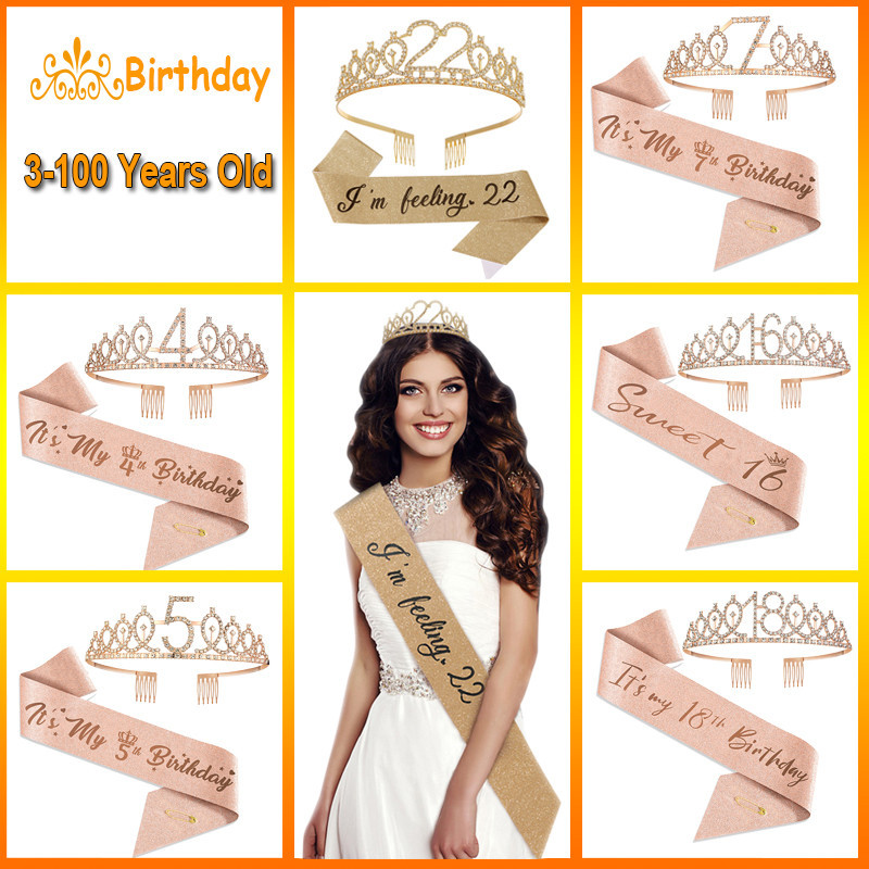 2Pcs Sets 3 5 6 7 8 9 16 18 Years Old Birthday Sash Crown Set 50 60 70 ...