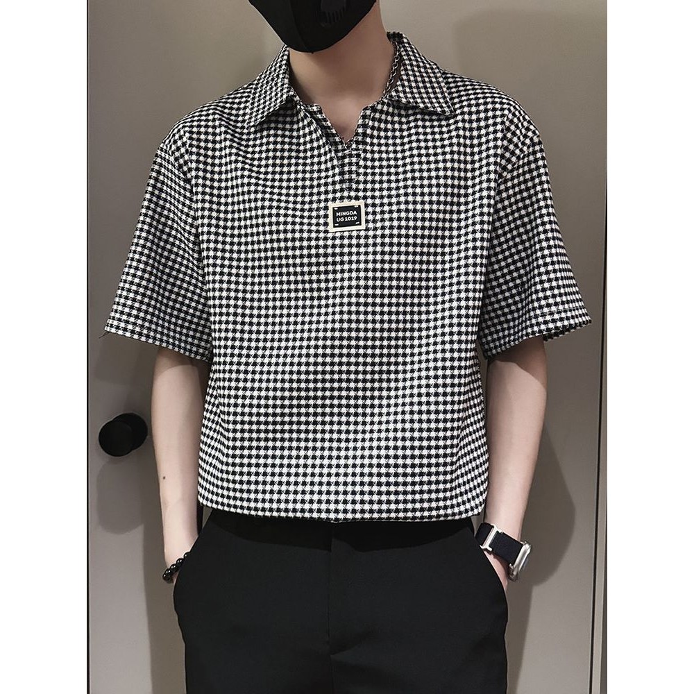 千鸟格短袖男夏季潮牌痞帅V领半袖T恤2025新款男士夏装上衣POLO衫Thousand Bird Grid Short sleeved Men's Summer Trendy Brand ...