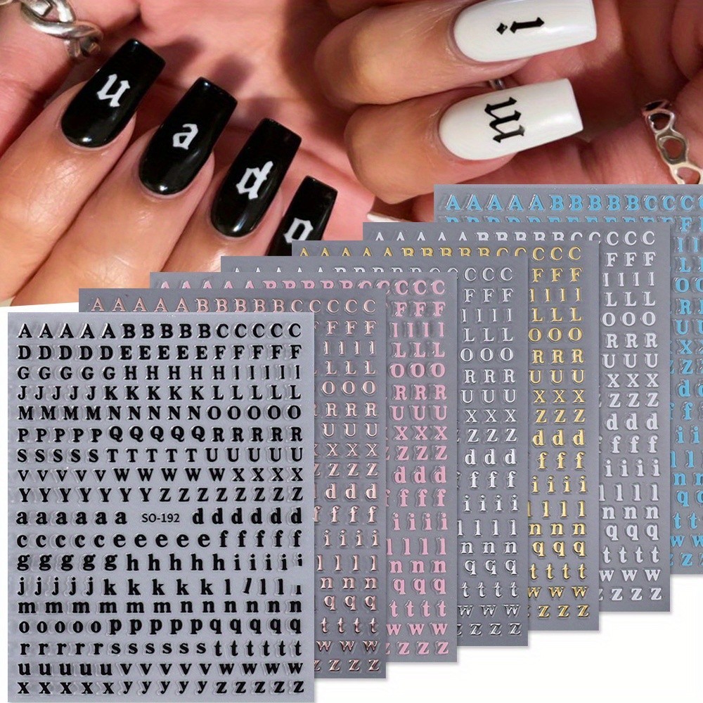 7 Sheets Letter Graphic Nail Art Sticker Mixed 7 Colors Black & White ...