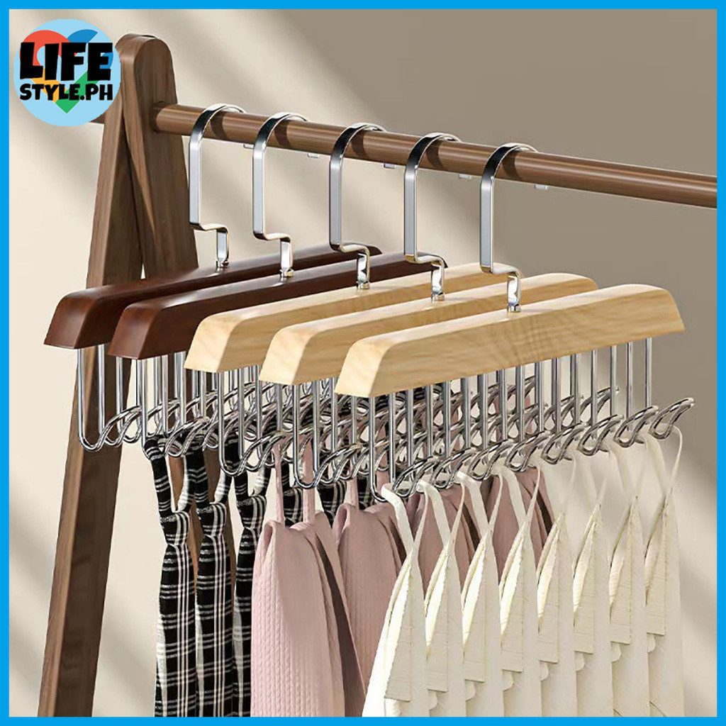 LS 8 Hooks Non-Slip Solid Wood Hanger Space Saving Woman Bra Hanger Man ...