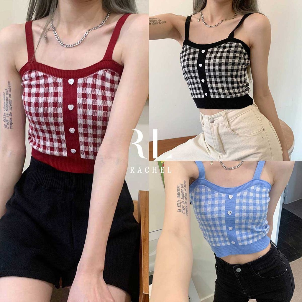 Single Strap Grid Pattern With Heart Buttons Korean Style Line | Shopee ...