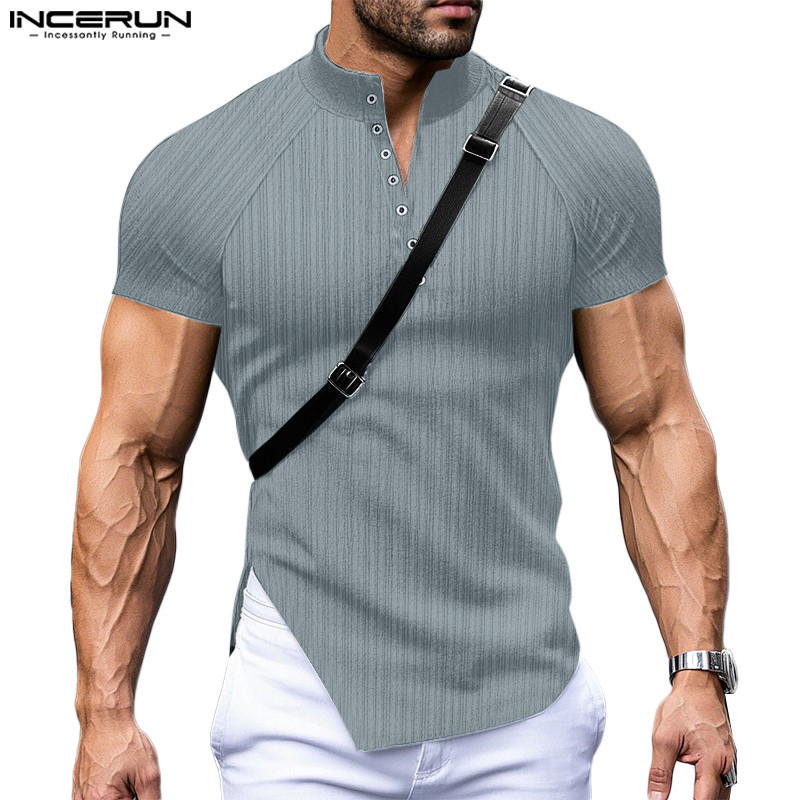 INCERUN Men Vintage Street Trendy Belt Splicing Half-Button Slit T ...