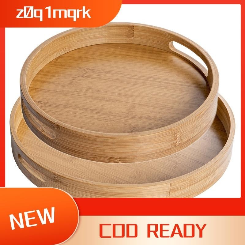 Round Serving Tray with Handles - Wooden Bamboo Circle Tray for Coffee ...