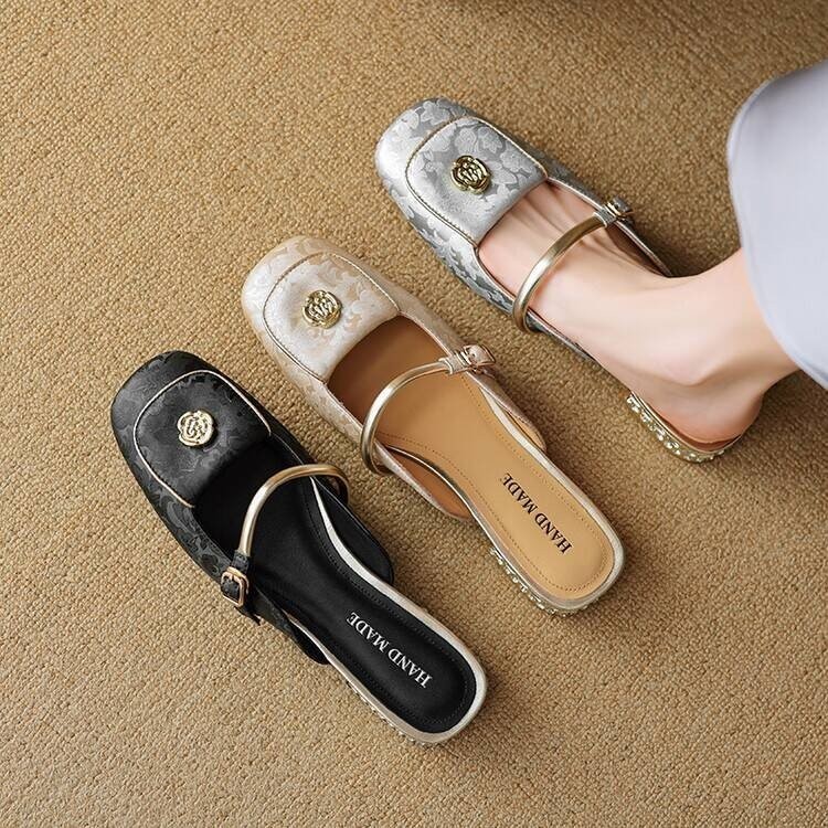 Women's Flat Shoes Square Toe Chunky Heel Cloth Fashion Lazybones ...