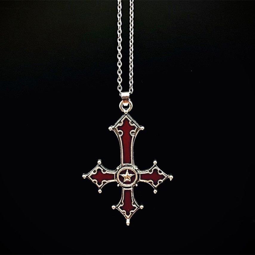 Dark Blood Red Gothic Pentagram Inverted Cross Pendant Necklace Punk ...