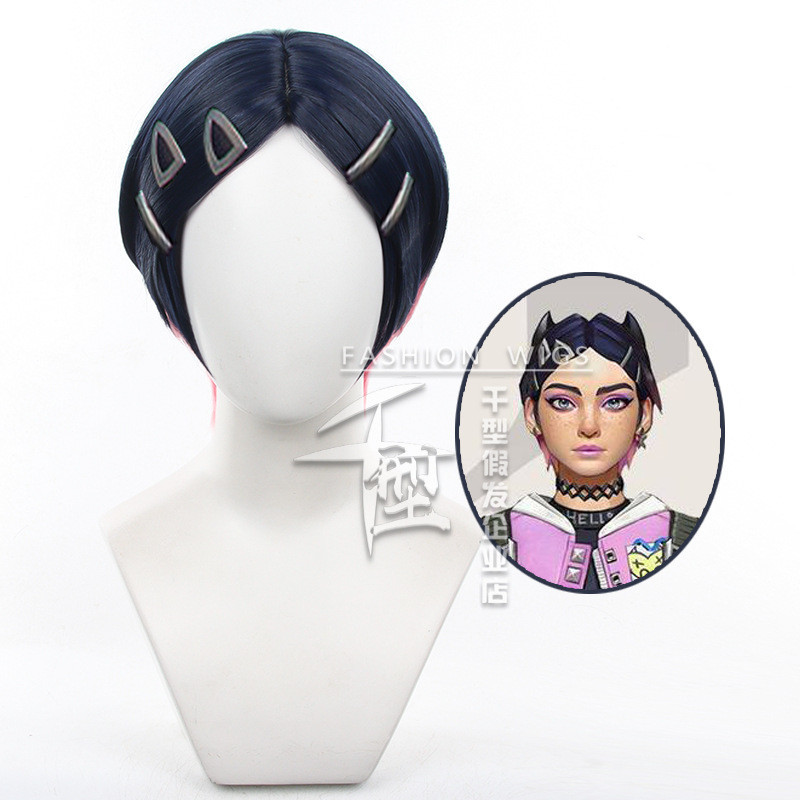 Clove Cosplay Wig Game Valorant Short Black Pink Heat Resistant ...