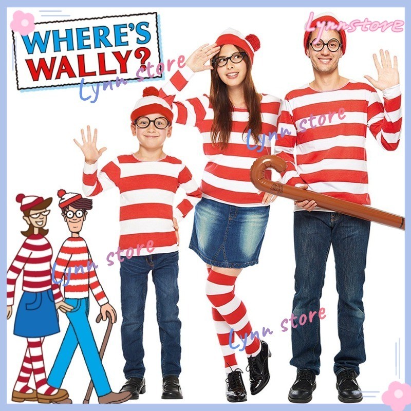 WHERE'S WALLY Costume WALDO WENDA Cosplay Red White Stripe Shirt Full ...
