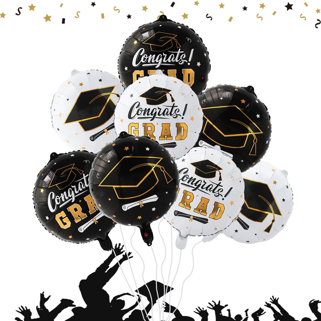 8pcs Congrats Grad Balloon Set Black White Gold Grad Cap Pattern ...