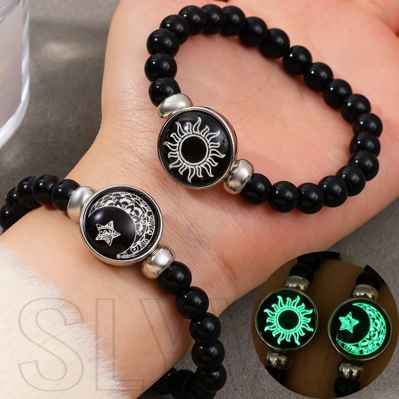 Luminous Sun Moon Couple Bracelet - Black Bead Hand Chain - Glow in The ...