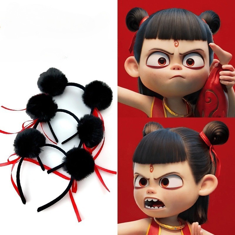 Children's Cute Nezha Bun Wig Headband Nezha Same Hairstyle Cosplay ...