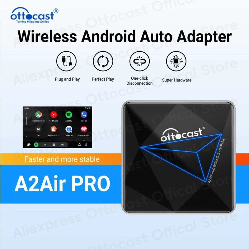 OTTOCAST A2Air Pro Android Auto Wireless Adapter Smart Ai Box Plug and Play Bluetooth WiFi Auto ...