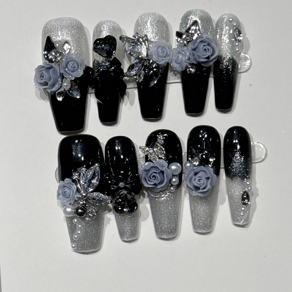 [HANDMADE]Trapezoid Coffin Shaped Artificial Nail Dark Rose Heavy ...