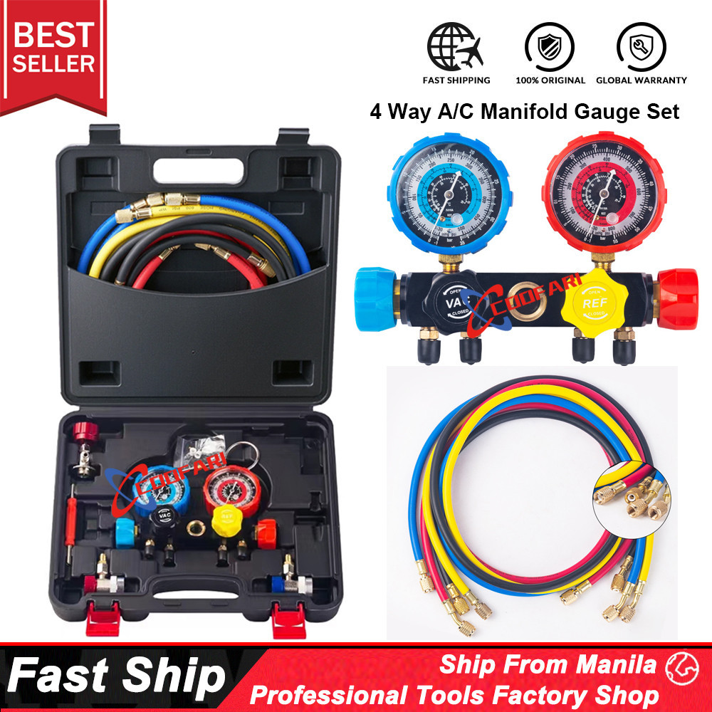 4 Way A/C Manifold Gauge Set Fits R134a R32 R22 R410 Refrigerants Air ...