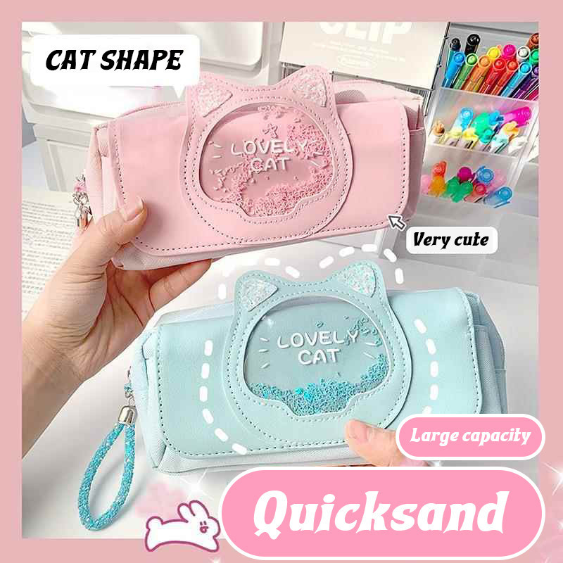 Pencil Cases with three layers, large capacity and cute quicksand cat ...