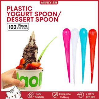 100Pcs Disposable Dessert Spoon Plastic Big Long Handle Spoon Yogurt ...