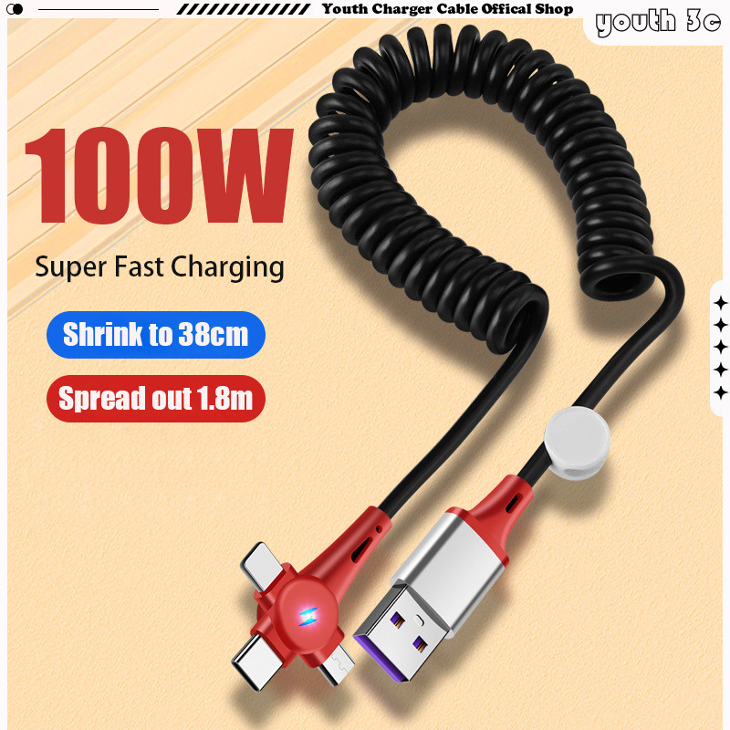 100W 3 in 1 T-Shaped Spring Charging Cable With Indicator Light ...