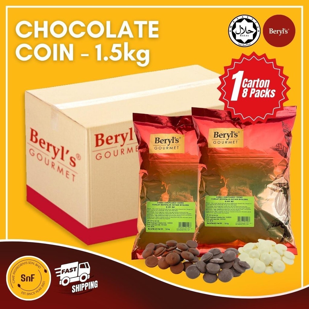 1 CARTON 1.5kg Beryl's Chocolate Compound Coin Dark Chocolate Milk ...