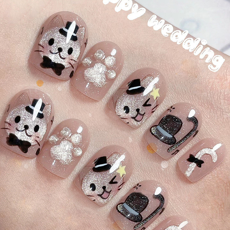 Gentry Cat Pattern Cat Eyes Crystal Fake Nails Shiny Wearable Short ...