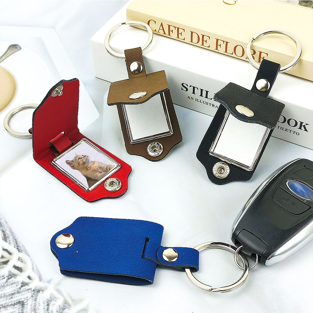 Vintage DIY Photo Album Keychains Simple PU Leather Frame Keyrings Car ...