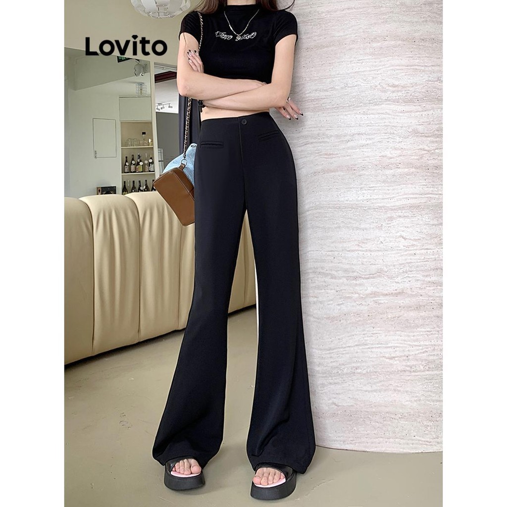 Lovito Women Casual Plain Button Split Pants LNE57442 | Shopee Philippines