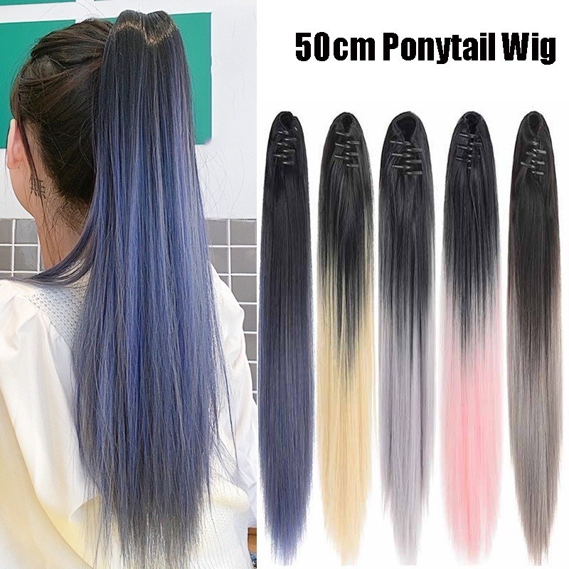 YOUJ 50CM Long Straight Wig Gradient Color Hair Wig Claw Clip Ponytail ...