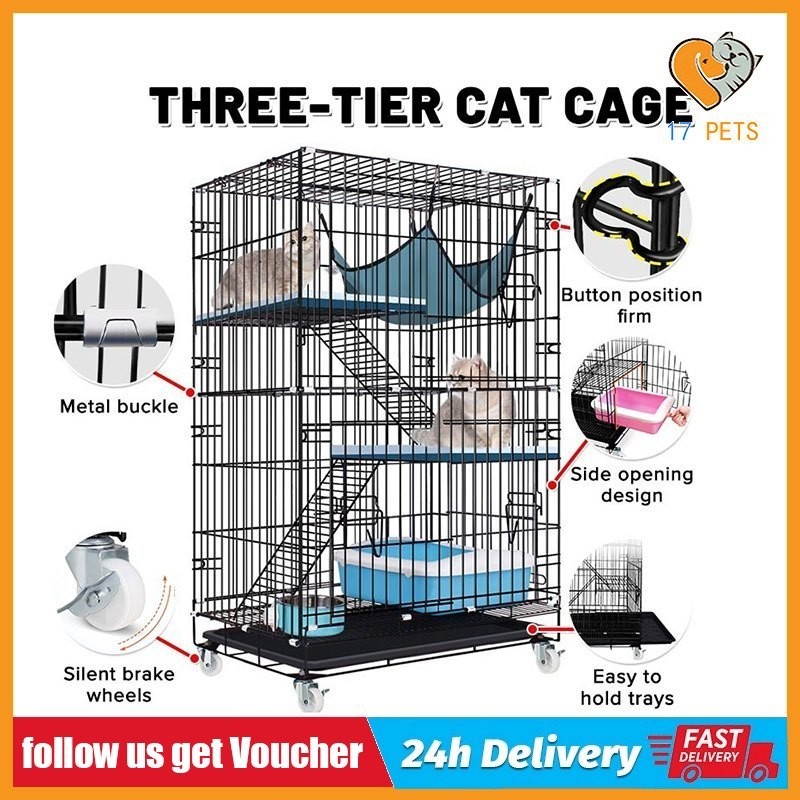 Foldable Cats Cage 3 Layers for Kitten Rabbit Puppy Cage with Wheel ...