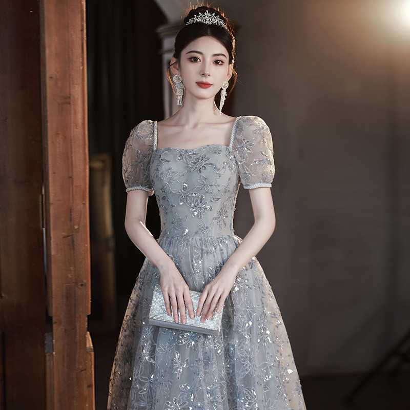 Hawlife Korean Gray Elegant Puff Sleeve Evening Prom Ball JS Debut ...