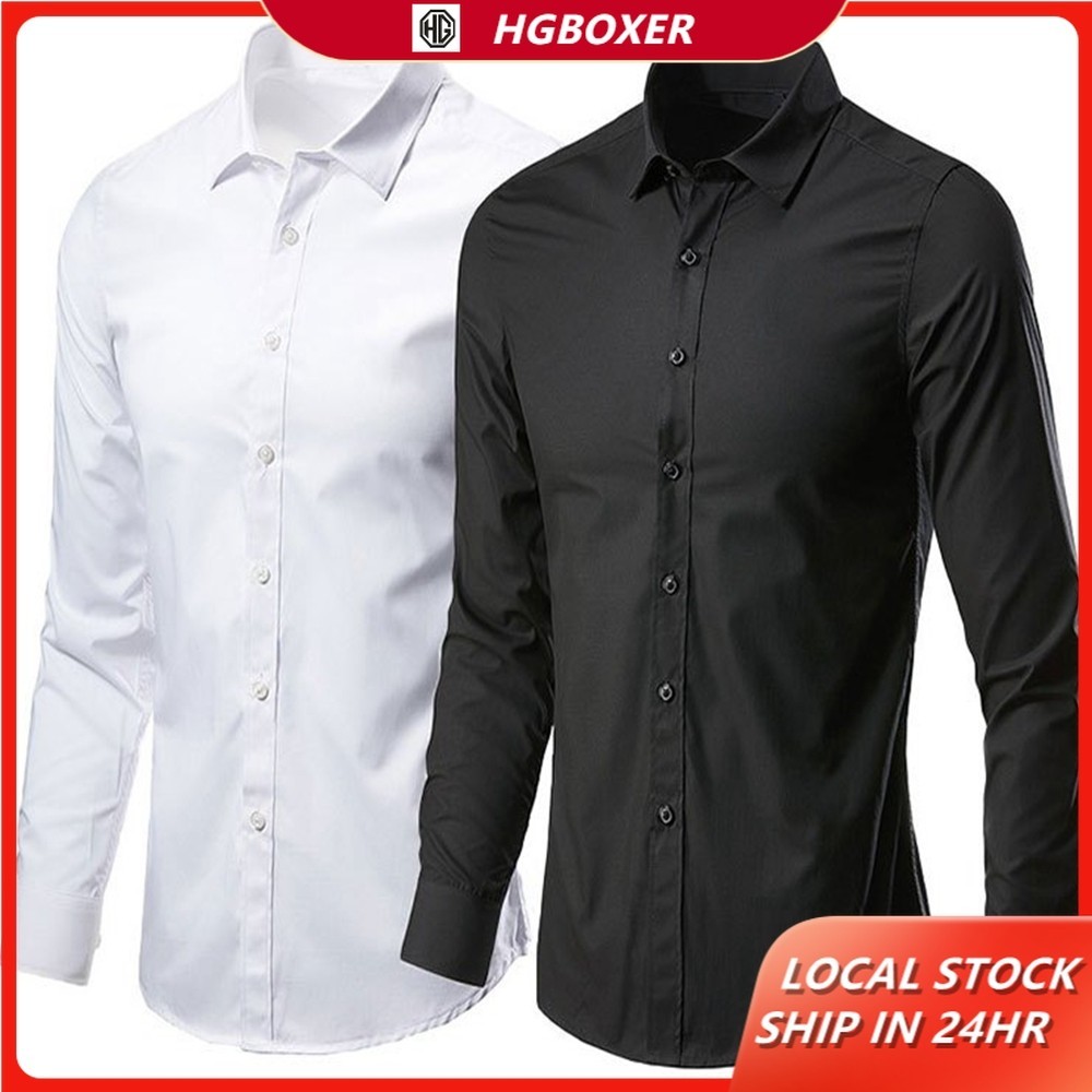 Mens Black Long Sleeve Shirt Classic Korean Men's Plain Casual Fashion Business Formal Polo ...