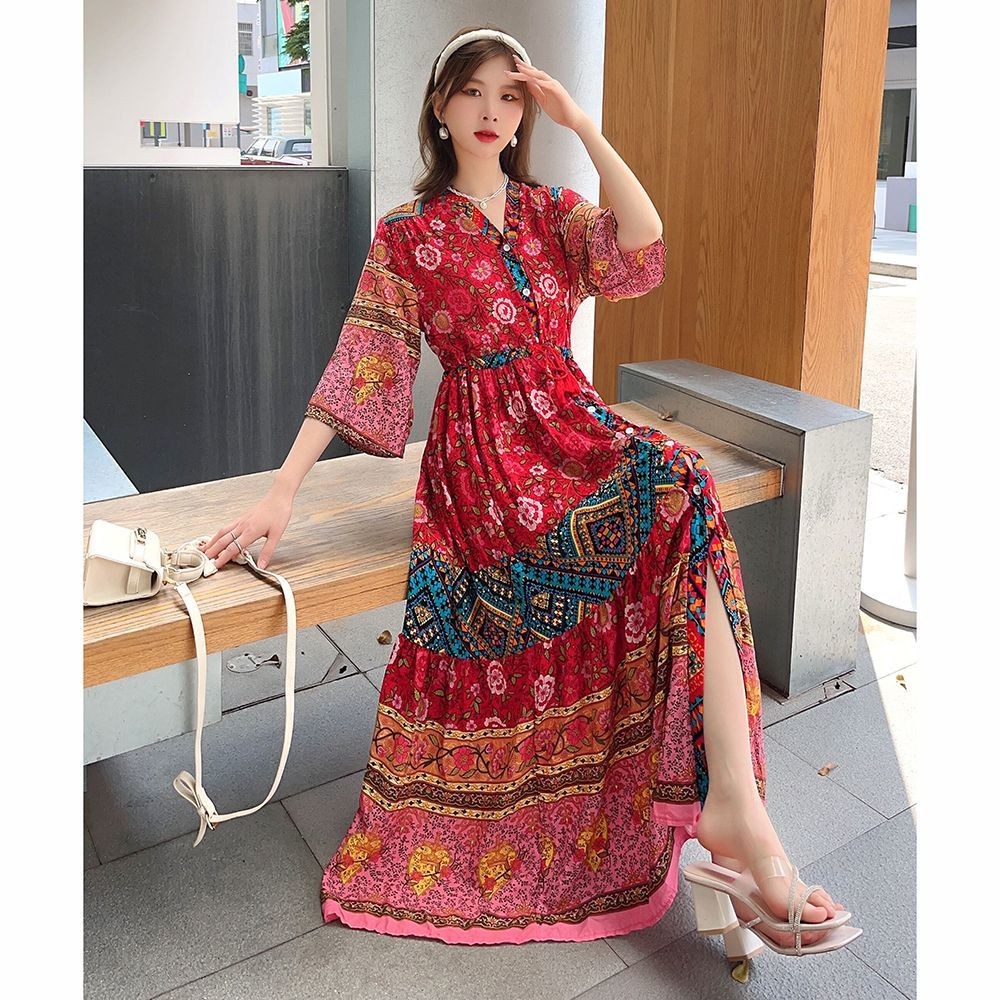 Bohemian Retro Holiday Style Dress Single-Breasted Long Skirt Cotton ...