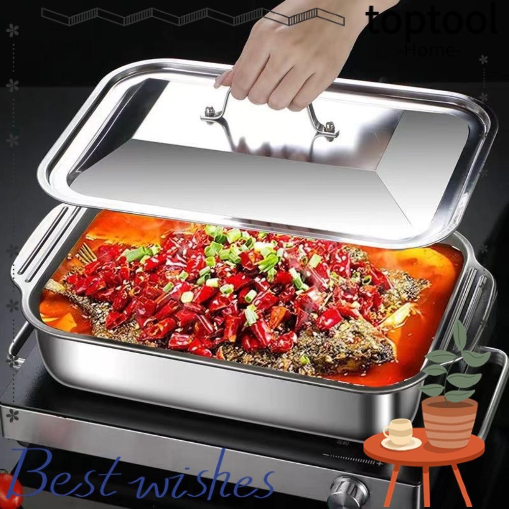 TOPTOOL Grilled Fish Pan, Stainless Steel with Lid Roaster Pan, Deepen ...