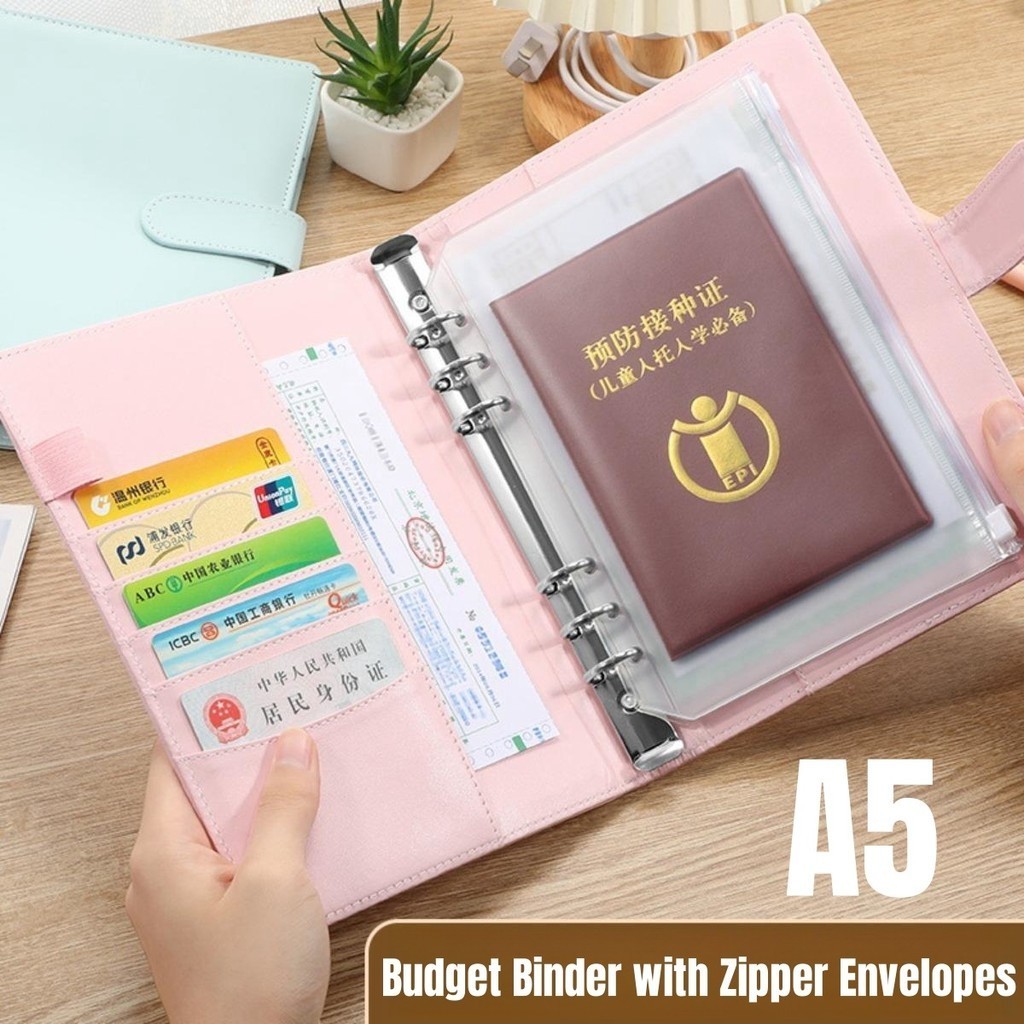 A5 PU Leather Budget Binder with Zipper Envelope 6Holes Money Organizer ...