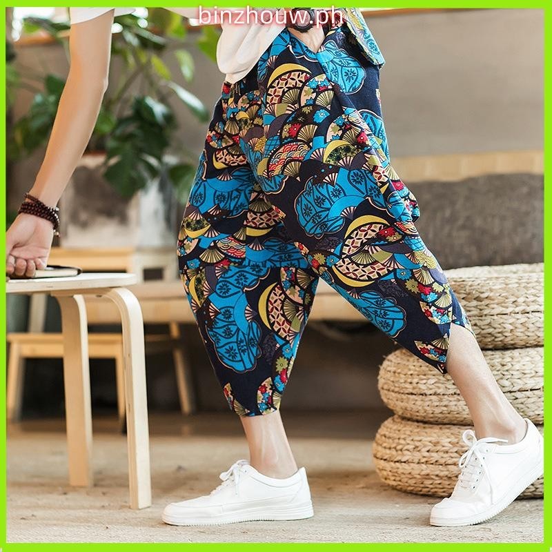 [FB] Mid-rise Elastic Waistband Drawstring Pockets Cropped Pants Ethnic ...