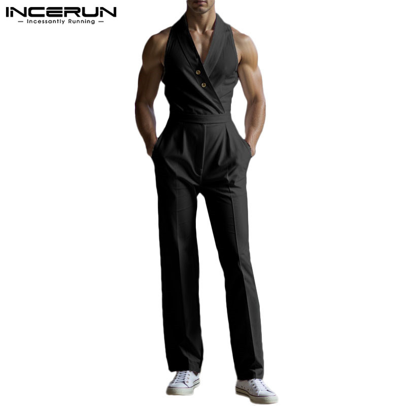 INCERUN Men Vintage Casual Diagonal Button Solid Color Jumpsuits ...