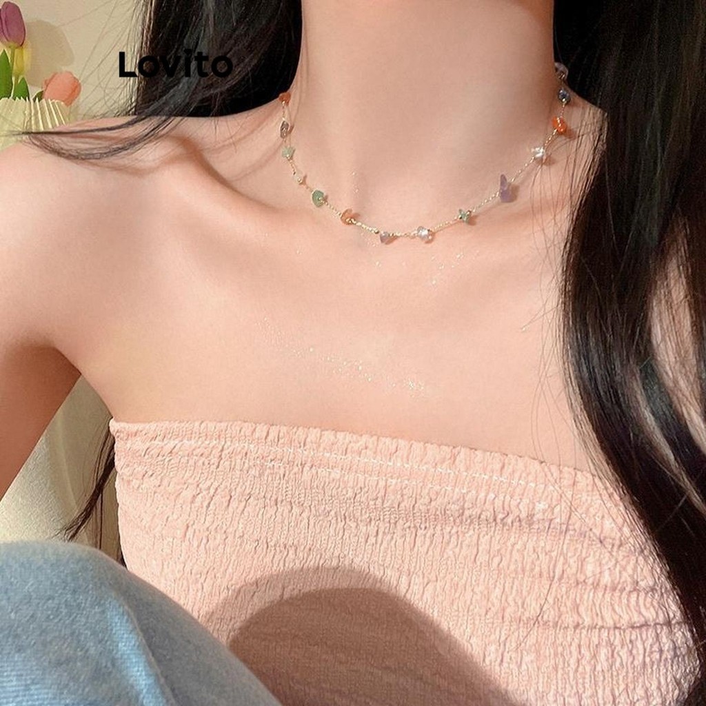 Lovito Women Cute Plain Beaded Colored Stone Necklaces LFA27162 ...