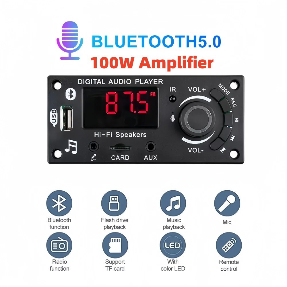 100W DIY Amplifier Bluetooth 5.0 Decoder Board 12V Microphone FM Radio ...