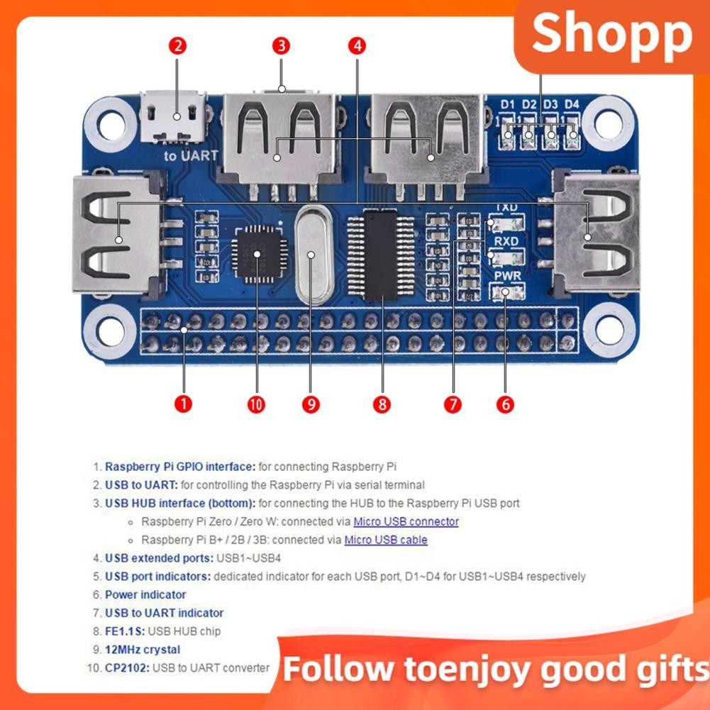 Shopp 4 Ports USB HUB HAT for RPi 3B 2B B+ W Onboard to UART Debugging ...
