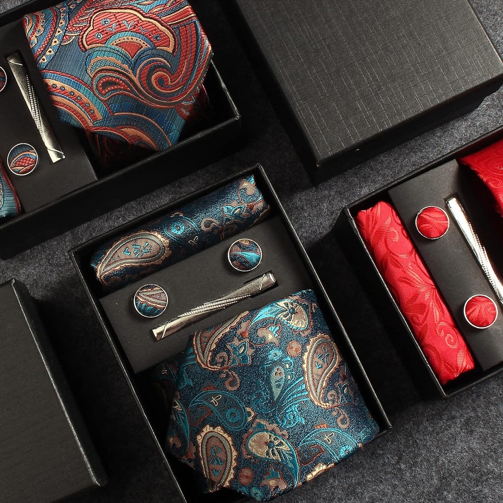 Necktie Paisley Floral Mens Business Tie Pocket Square Clip Cufflinks ...
