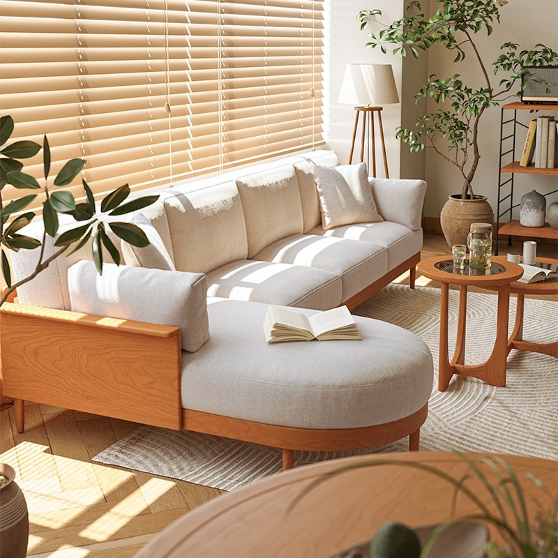 Japanese Style Solid Wood Sofa Set for Living Room L Corner Chaise ...