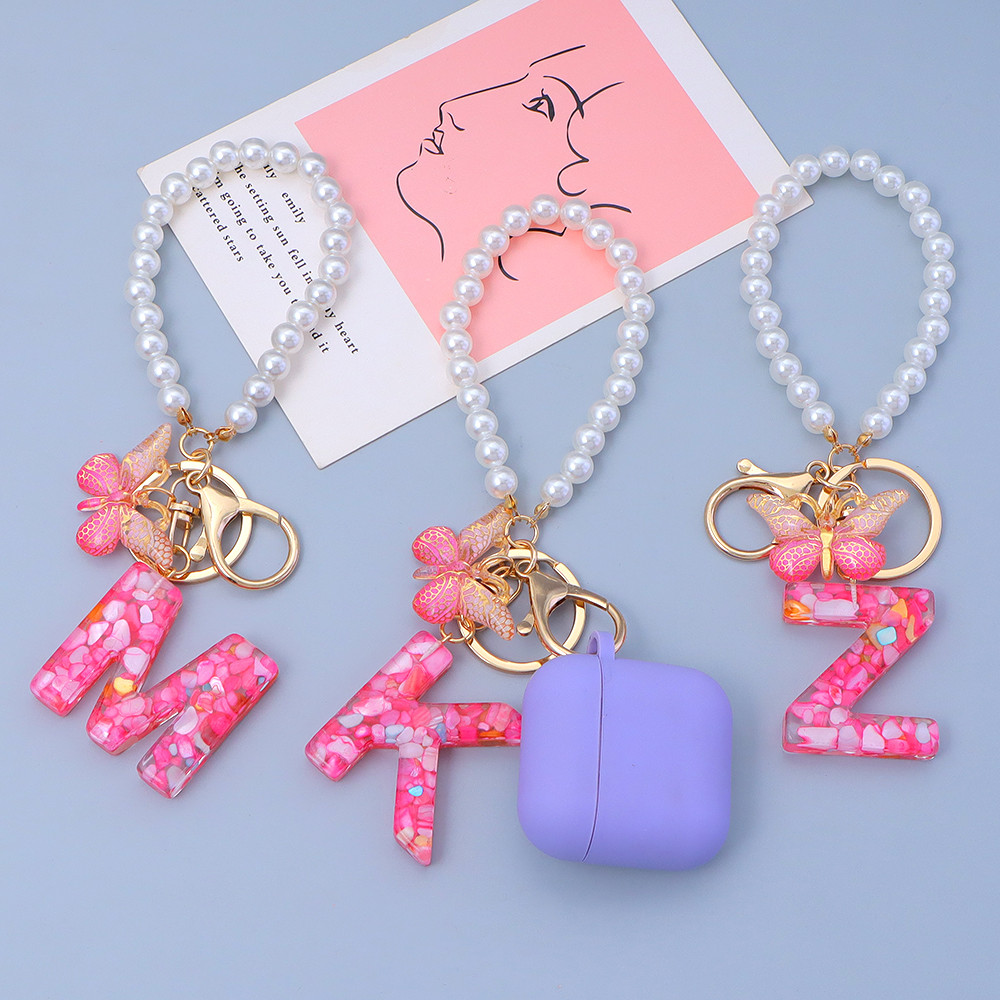Fashion Pink Butterfly A-Z Letters Keychains Elegant Pearl Chain Key ...