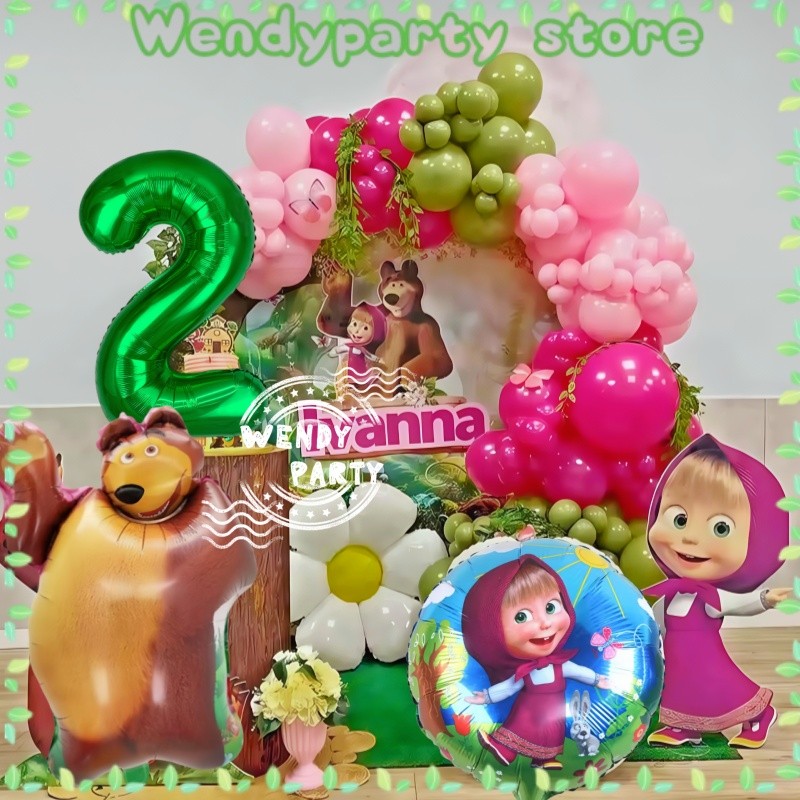Disney Masha and The Bear Themed Balloon Arch Set Green Pink Latex ...