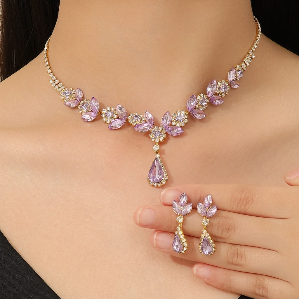 Bridal Ornament Crystal Purple Rhinestone Necklace and Earrings Suite ...