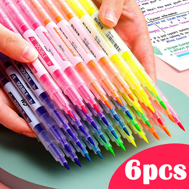6 Color Double-ended Highlighter 6Pcs/set Marker Pen Stationary School ...
